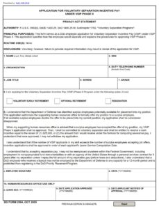 DD Form 2904 – Application for Voluntary Separation Incentive Pay Under ...