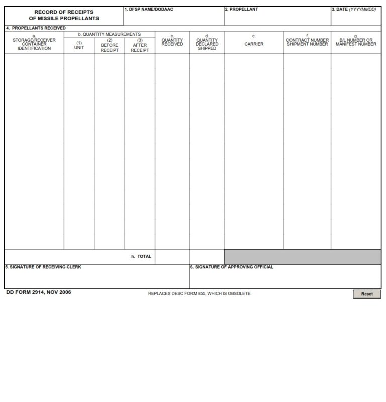 DD Form 2914 – Record of Receipts of Missile Propellants - DD Forms