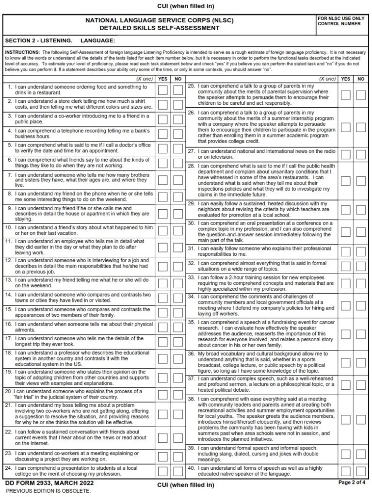 DD Form 2933 – National Language Service Corps (NLSC) Detailed Skills ...