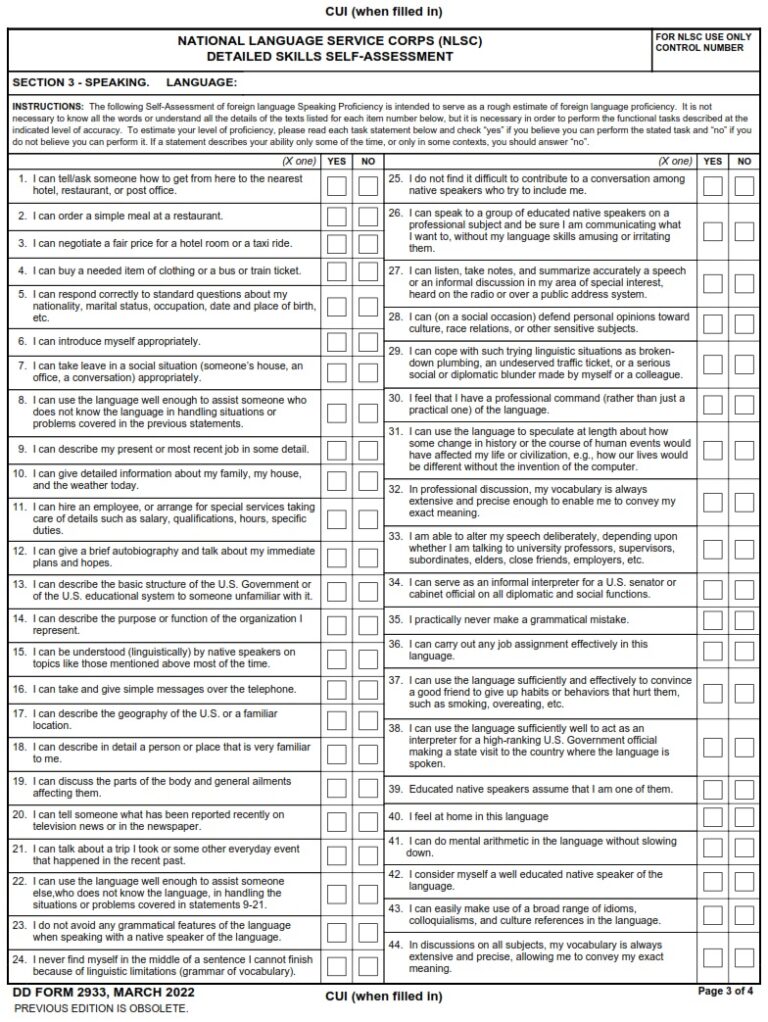 DD Form 2933 – National Language Service Corps (NLSC) Detailed Skills ...