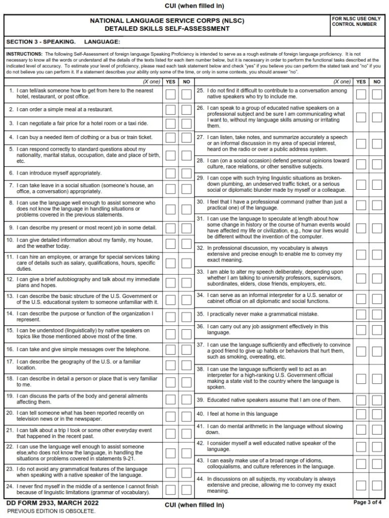 DD Form 2933 – National Language Service Corps (NLSC) Detailed Skills ...