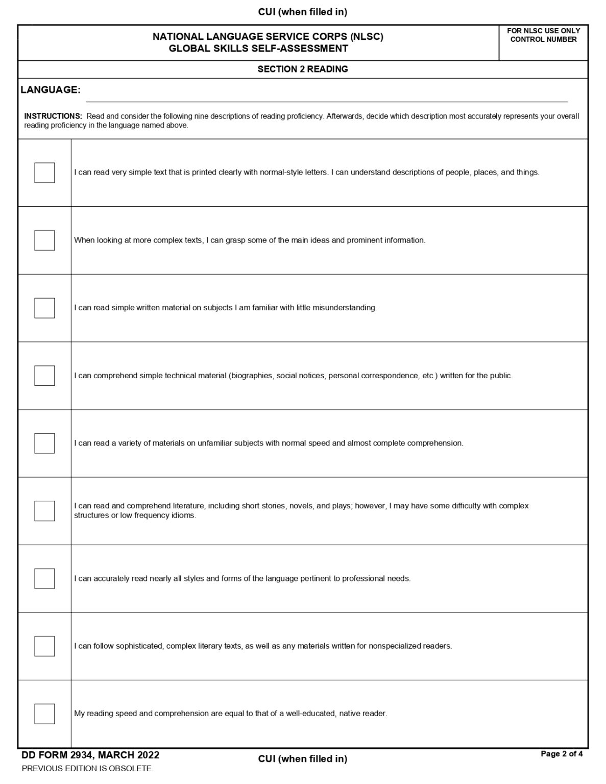 DD Form 2934 – National Language Service Corps (NLSC) Global Language ...