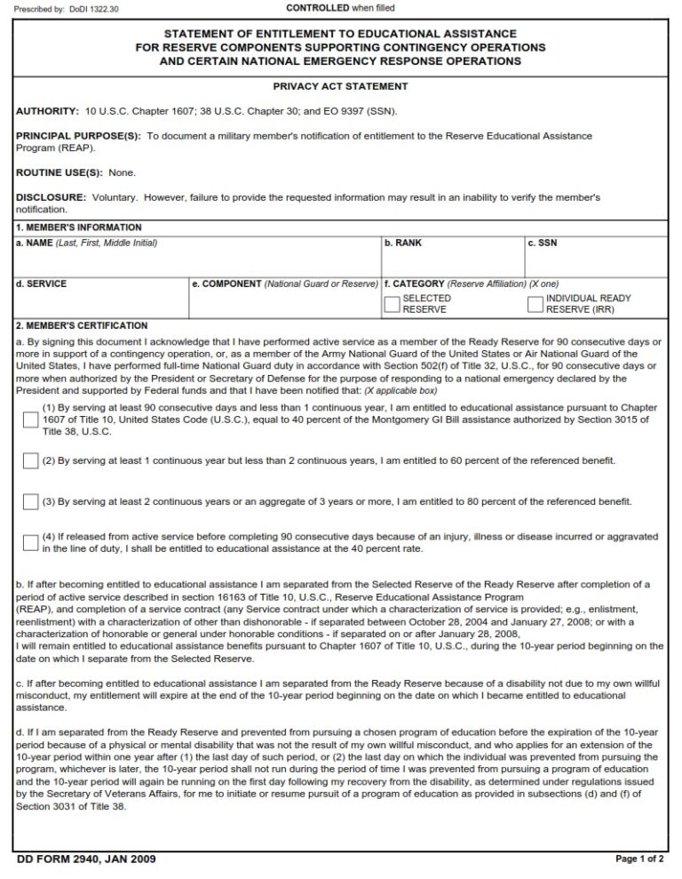 DD Form 2940 – Statement of Entitlement to Educational Assistance for ...