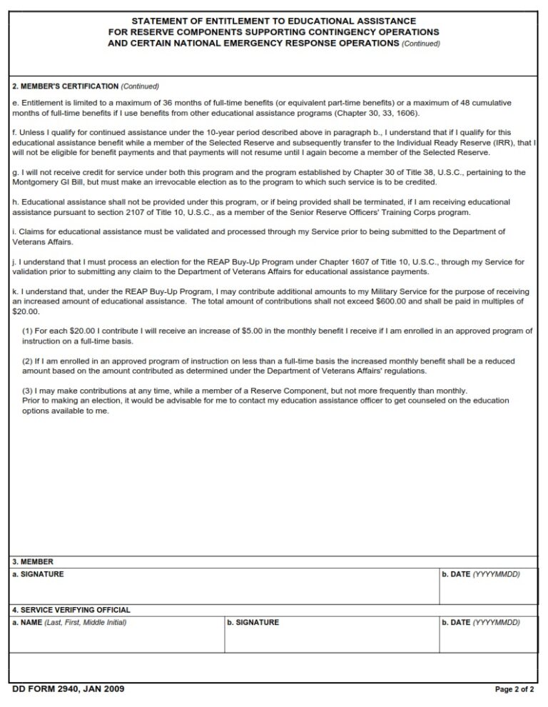 DD Form 2940 – Statement of Entitlement to Educational Assistance for ...