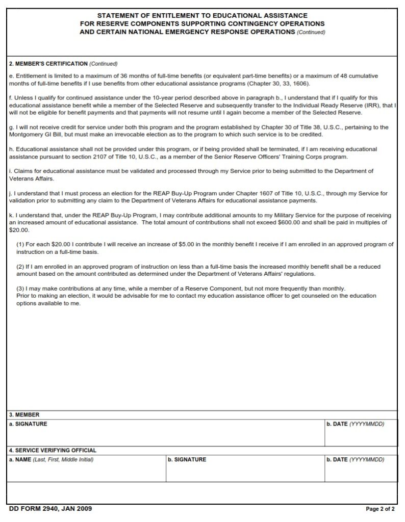 DD Form 2940 – Statement of Entitlement to Educational Assistance for ...