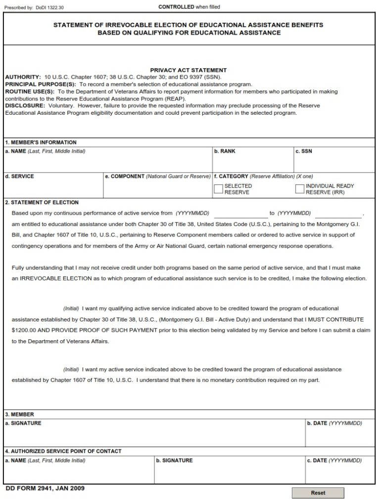 DD Form 2941 – Statement of Irrevocable Election of Educational ...