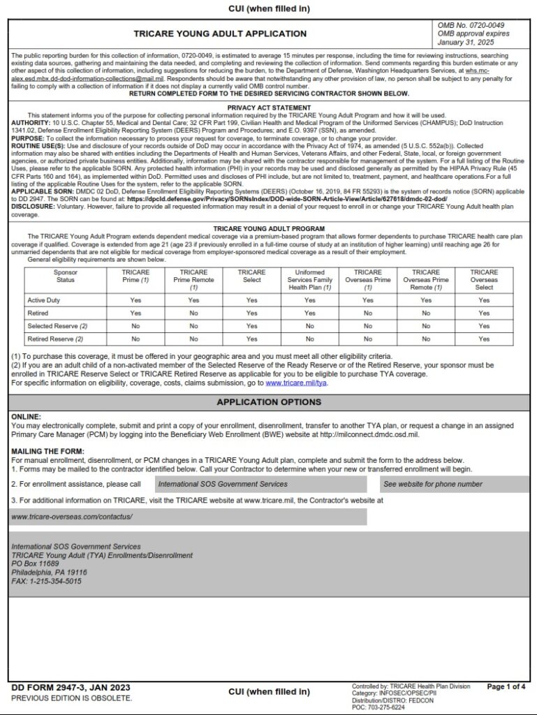 DD Form 2947-3 – TRICARE Young Adult Application (OVERSEAS) - DD Forms