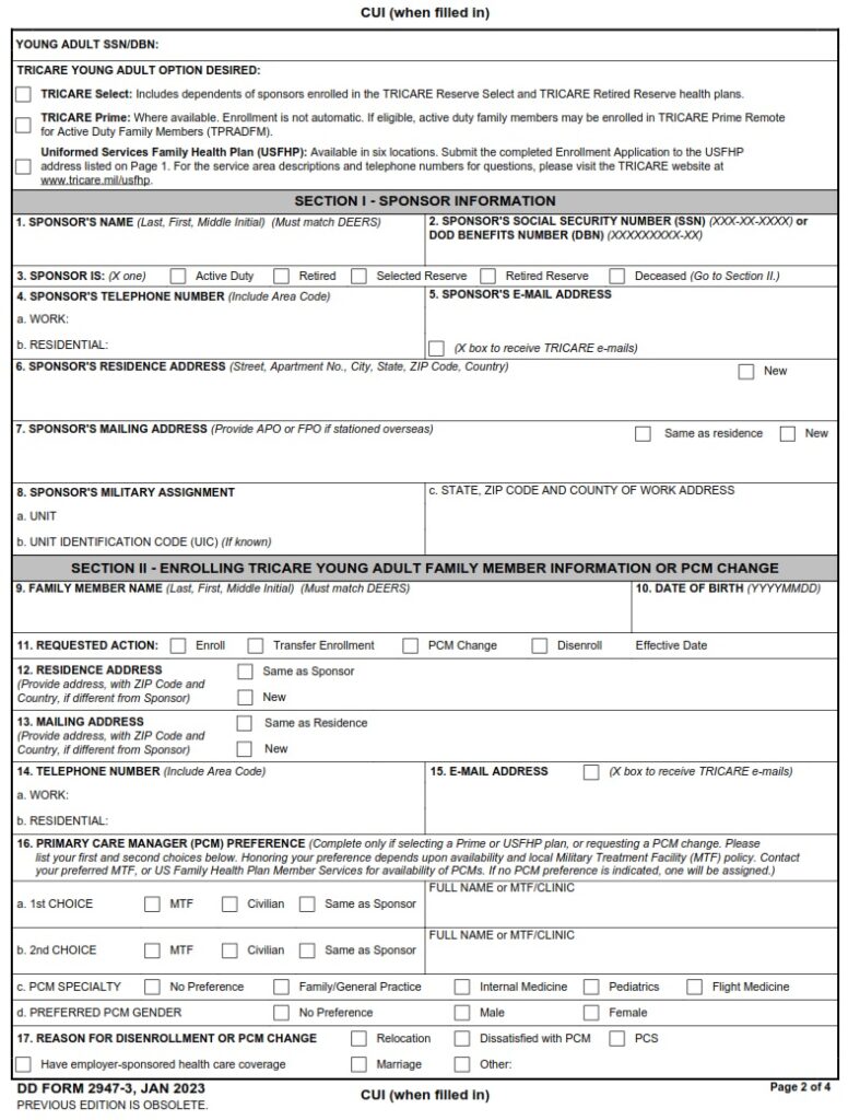 DD Form 2947-3 – TRICARE Young Adult Application (OVERSEAS) - DD Forms