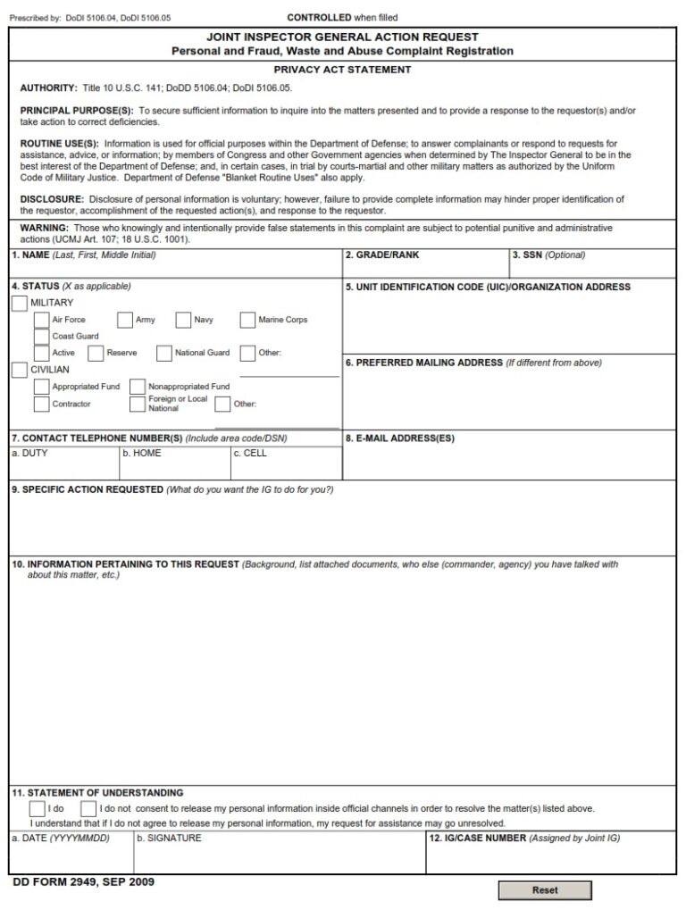DD Form 2949 – Joint Inspector General Action Request - DD Forms