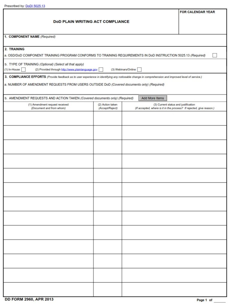 DD Form 2960 – DoD Plain Writing Act Compliance - DD Forms