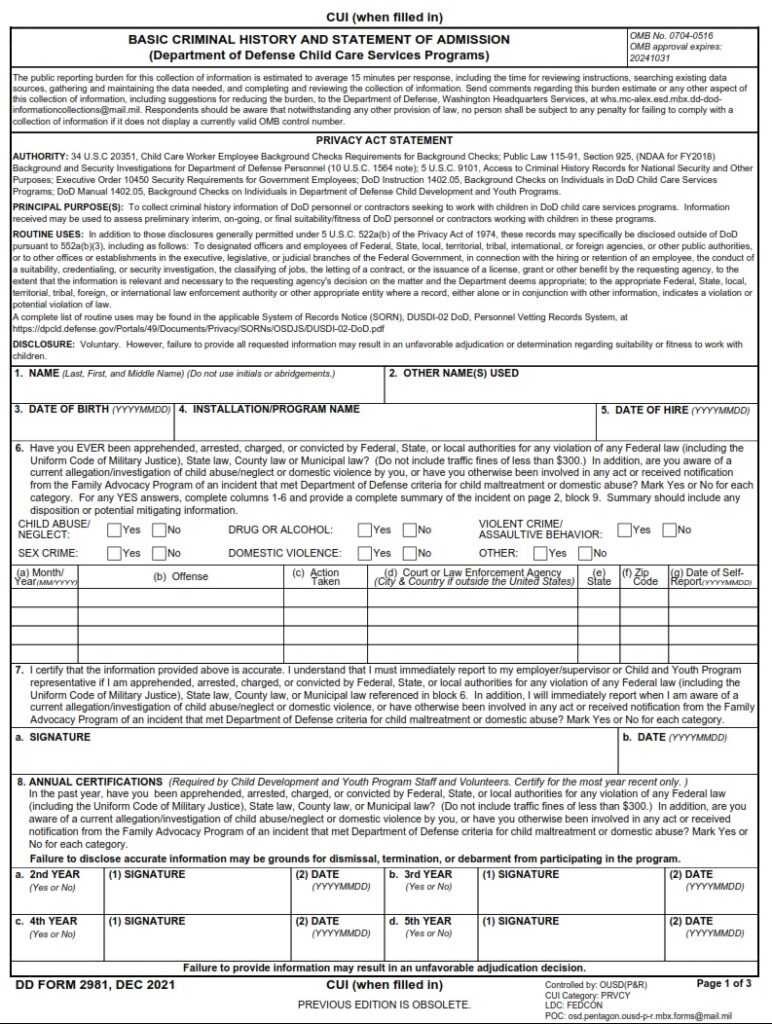 DD Form 2981 – Basic Criminal History and Statement of Admission ...