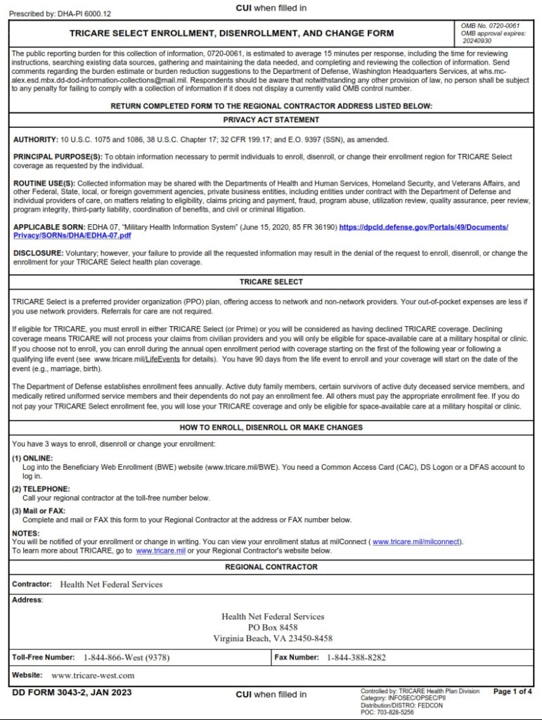 DD Form 3043-2 – TRICARE Select Enrollment, Disenrollment, and Change ...