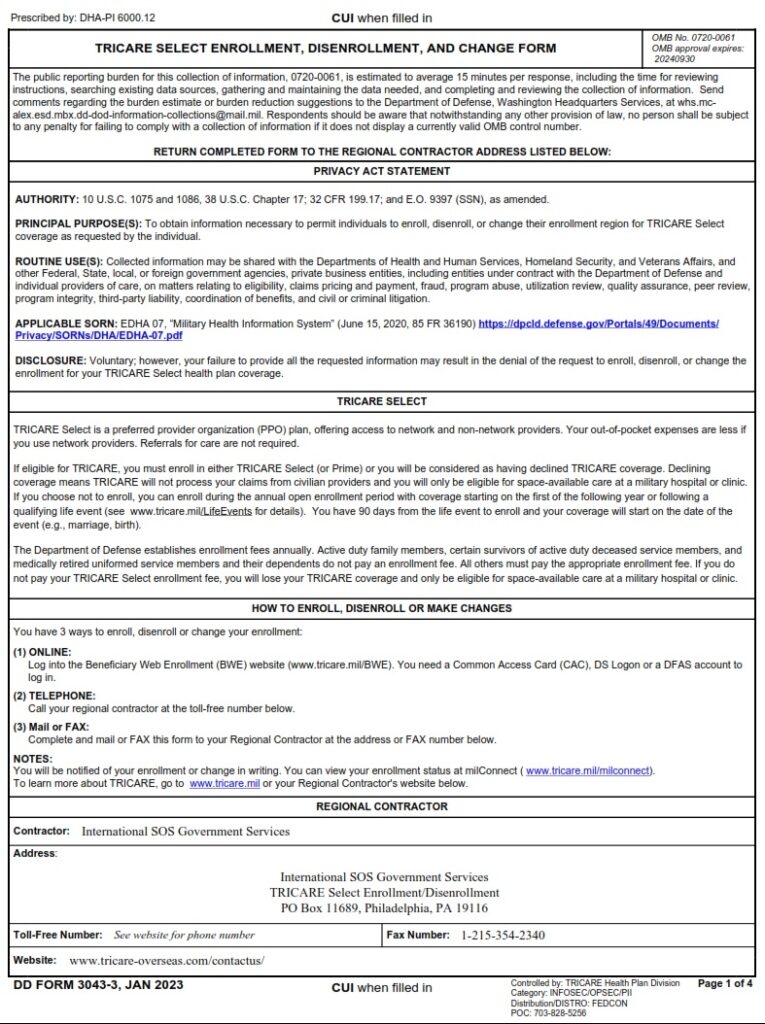 DD Form 3043-3 – TRICARE Select Enrollment, Disenrollment, and Change ...