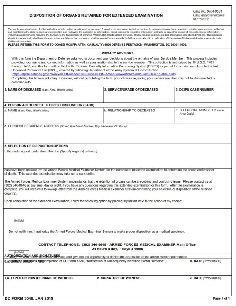 DD Form 3048 – Disposition of Organs Retained for Extended Examination ...