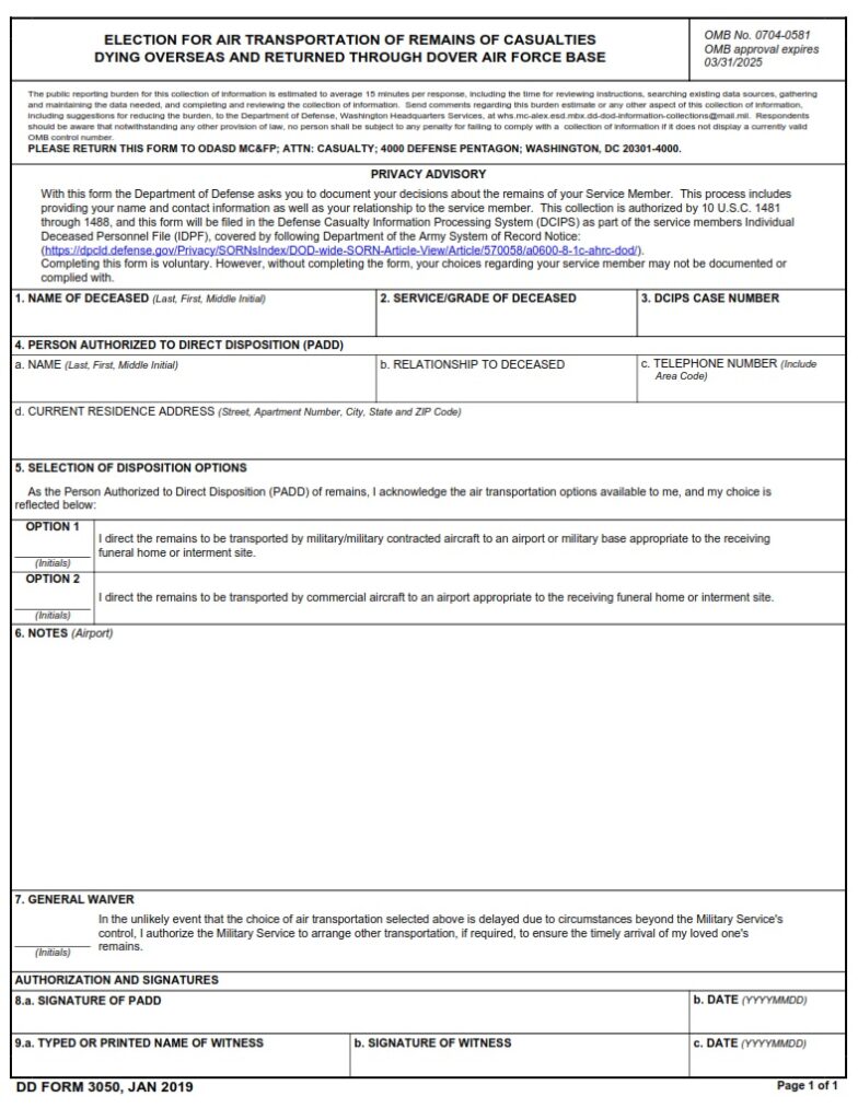 DD Form 3050 – Election Air Transportation of Remains of Casualties ...