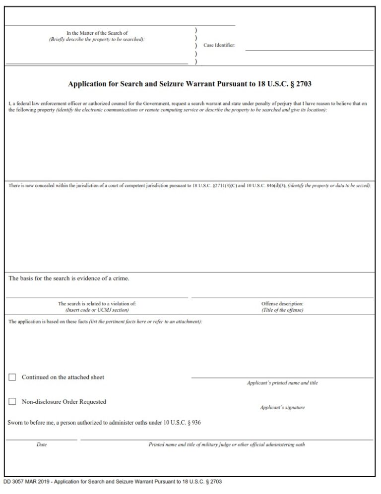 DD Form 3057 – Application for Search and Seizure Warrant Pursuant to ...