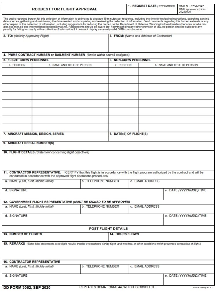 DD Form 3062 – Request For Flight Approval - DD Forms