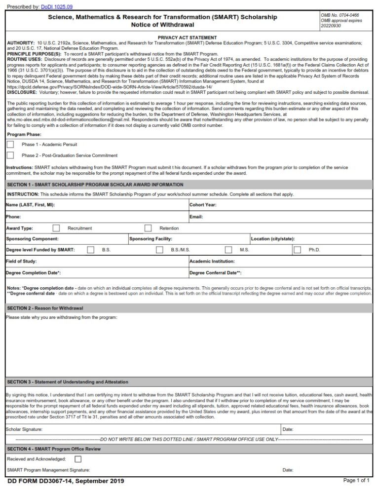 DD Form 3067-14 – SMART Scholarship Notice of Withdrawal - DD Forms