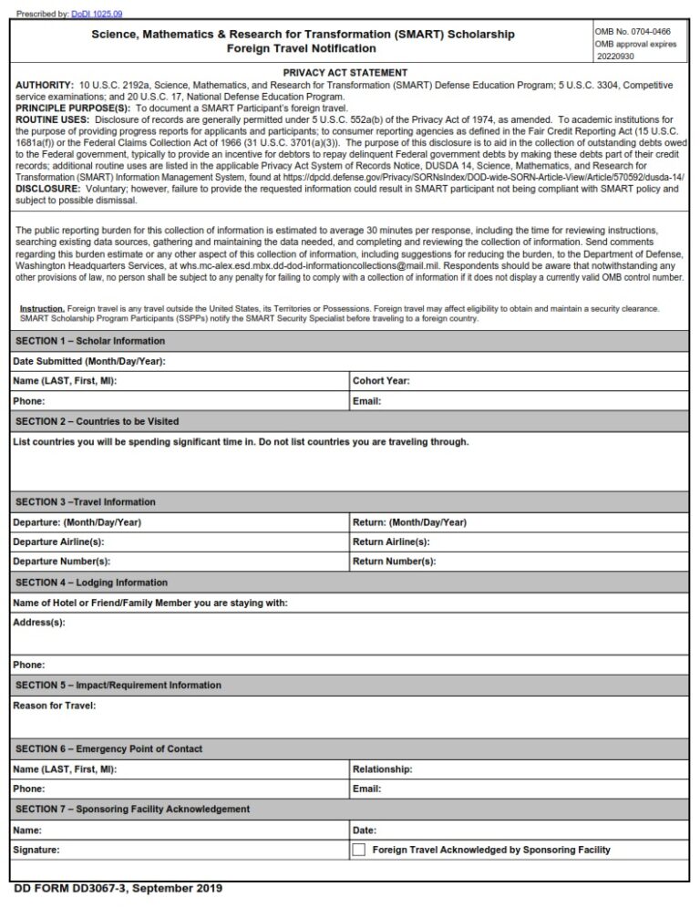 DD Form 3067-3 – SMART Scholarship Foreign Travel Notification - DD Forms