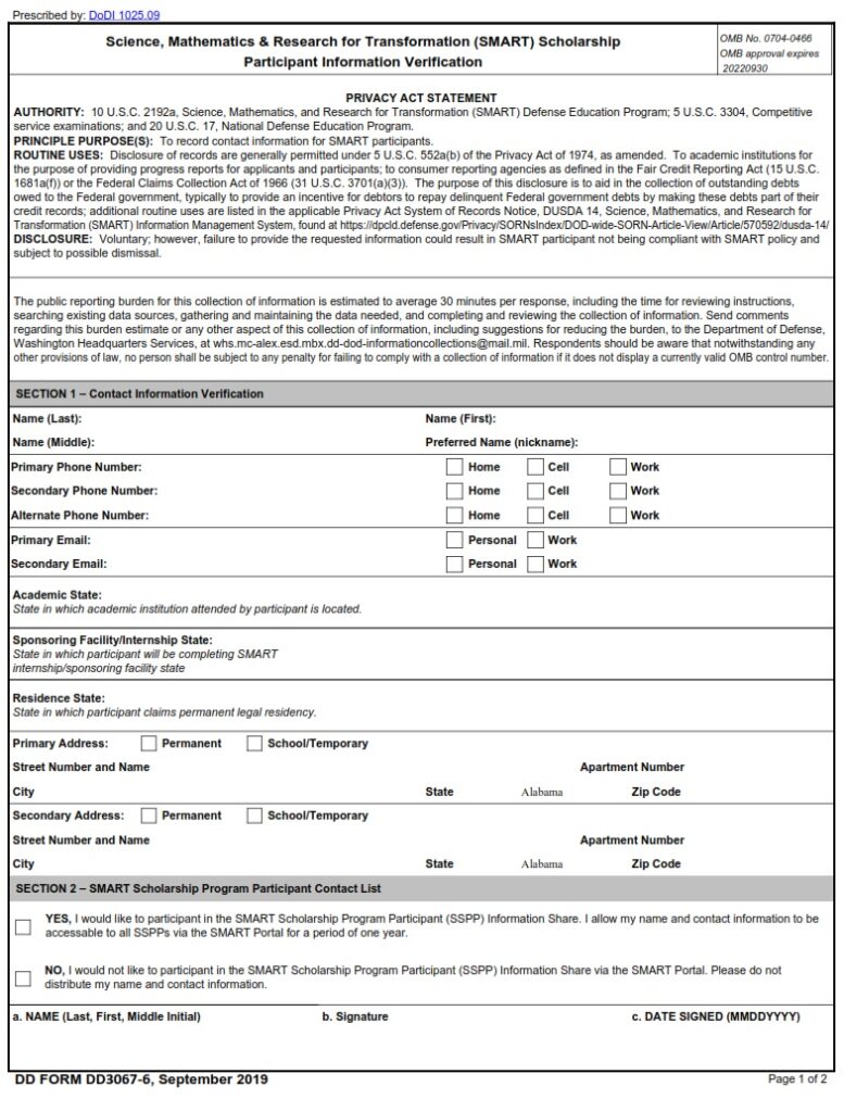 DD Form 3067-6 – SMART Scholarship Participant Information Verification ...