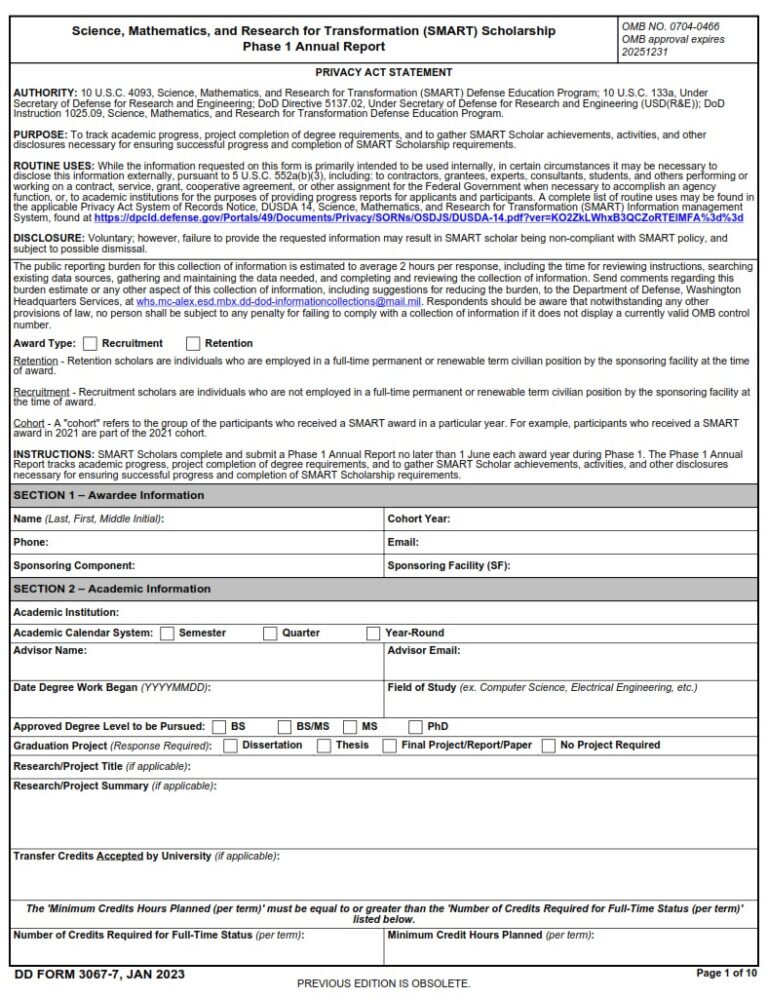 DD Form 3067-7 – SMART Scholarship Phase 1 Annual Report - DD Forms