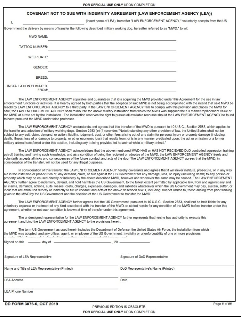DD Form 3076-6 – Military Working Dog (MWD) Covenant Not to Sue with ...