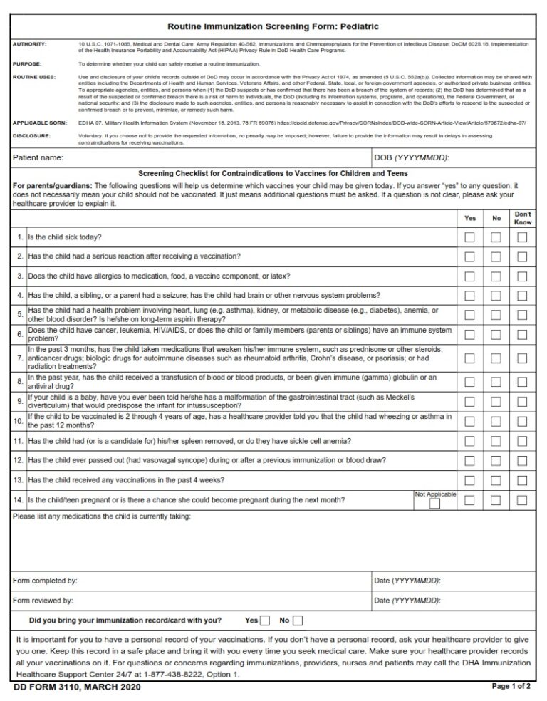 DD Form 3110 – Routine Immunization Screening Form: Pediatric - DD Forms