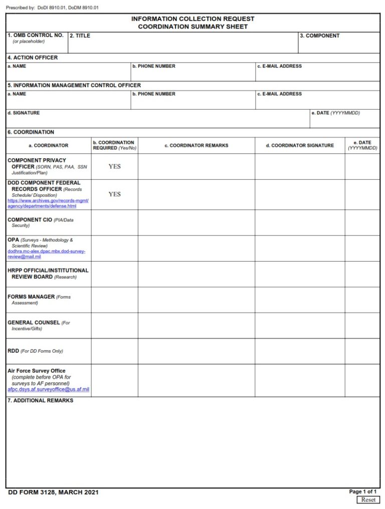 DD Form 3128 – Information Collection Request Coordination Summary ...