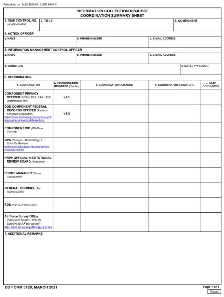 DD Form 3128 – Information Collection Request Coordination Summary ...