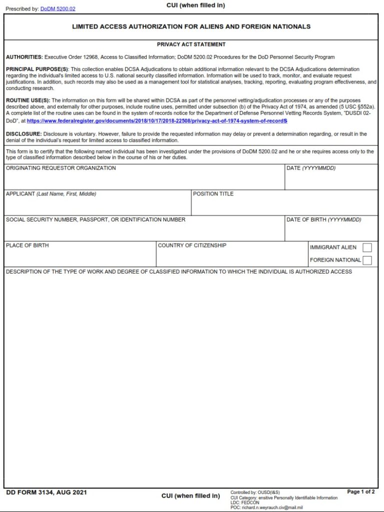 DD Form 3134 – Limited Access Authorization for Aliens and Foreign ...