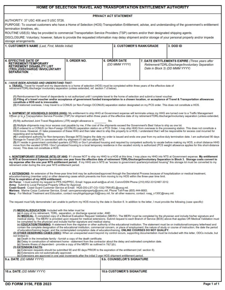 DD Form 3156 – Home of Selection Travel and Transportation Entitlement ...