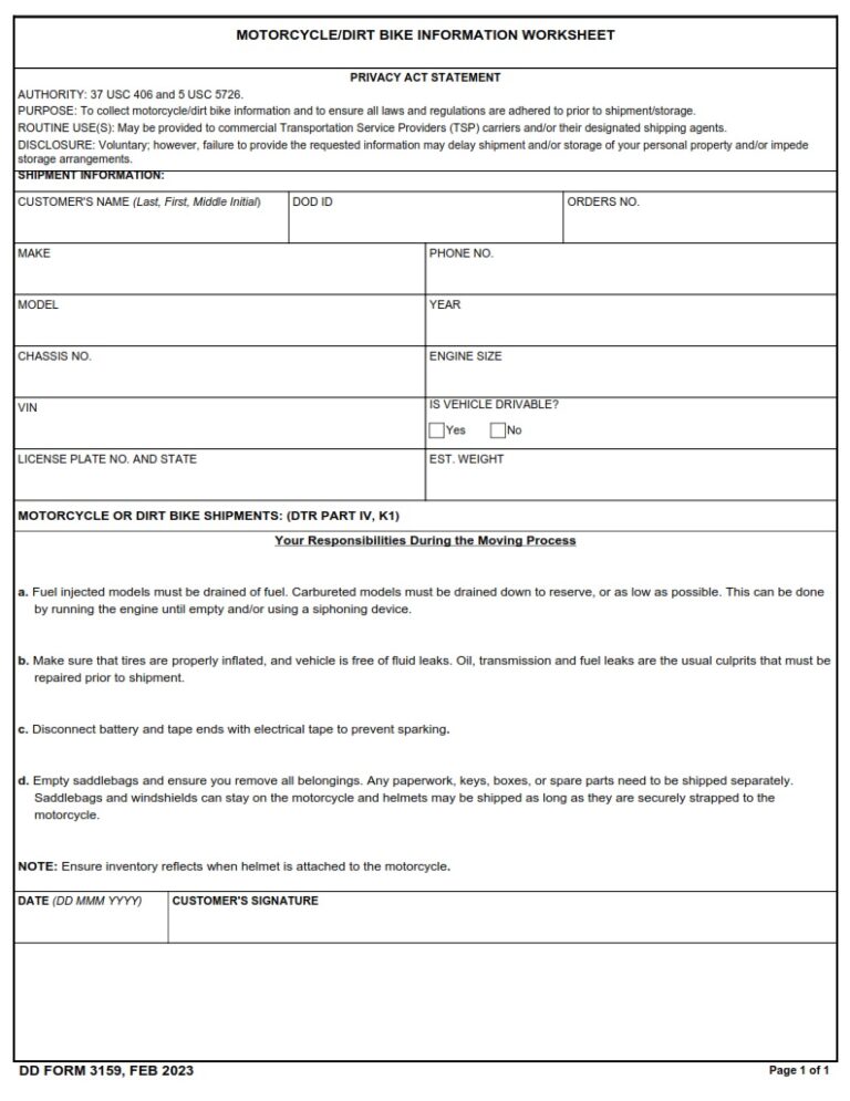 DD Form 3159 – Motorcycle/Dirt Bike Information Worksheet - DD Forms