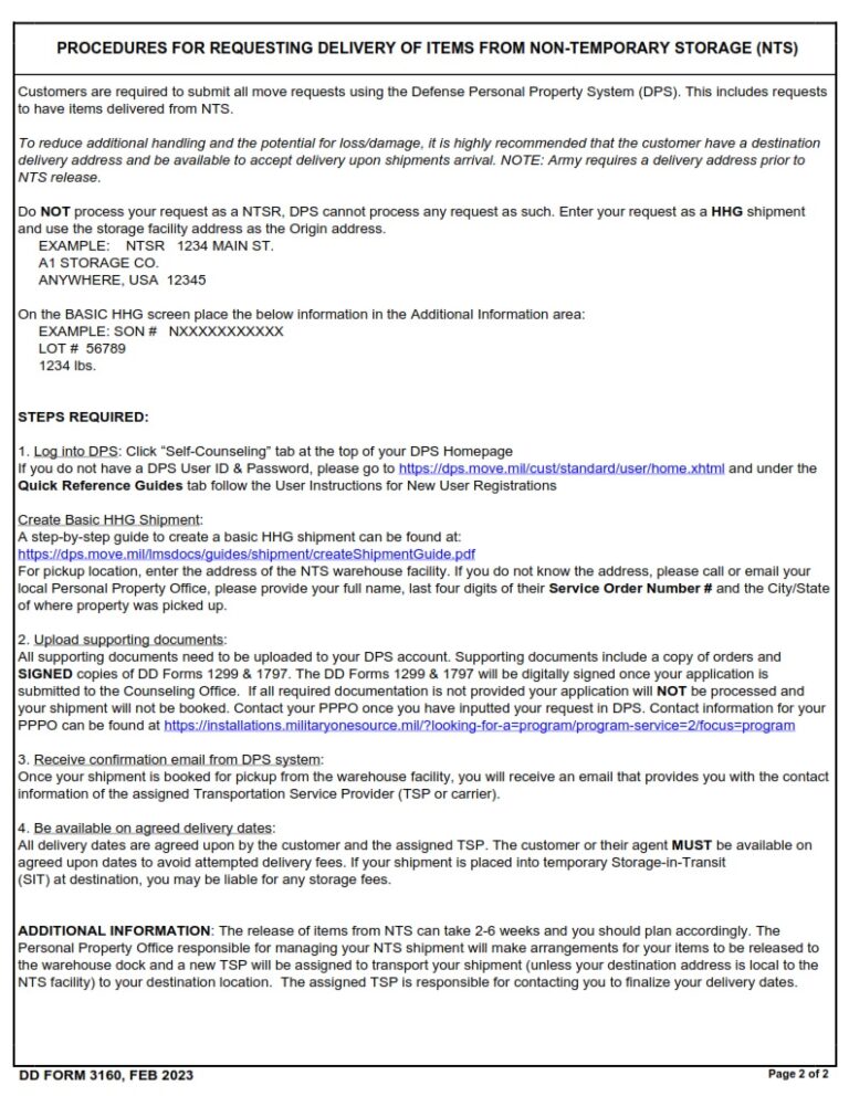 DD Form 3160 – Non-Temporary Storage (NTS) Release Form - DD Forms