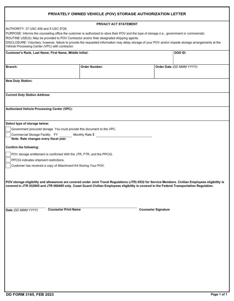 DD Form 3165 – Privately Owned Vehicle (POV) Storage Authorization ...