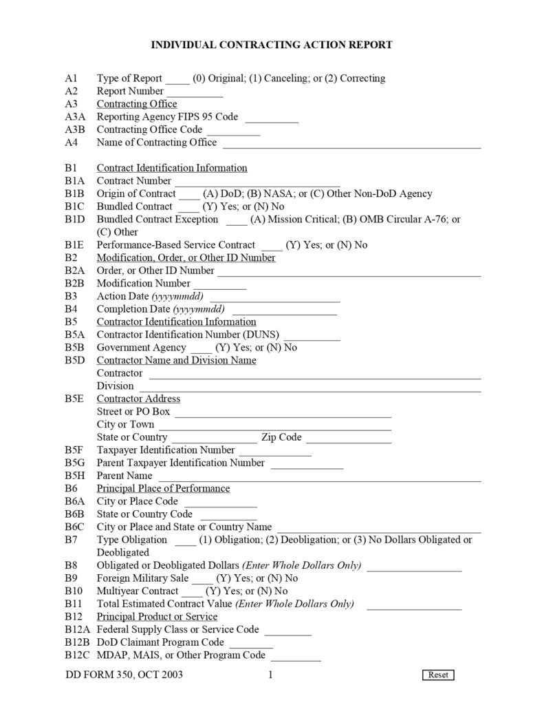 DD Form 350 – Individual Contracting Action Report - DD Forms