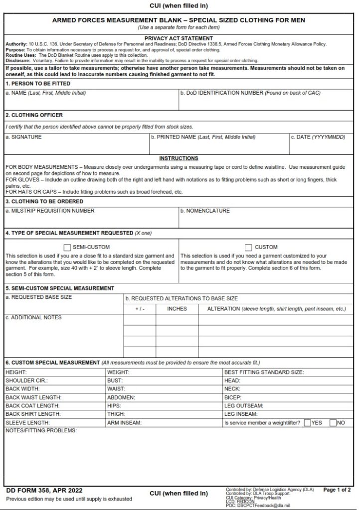 DD Form 358 – Measurement Blank – Special Sized Clothing for Men, Armed ...