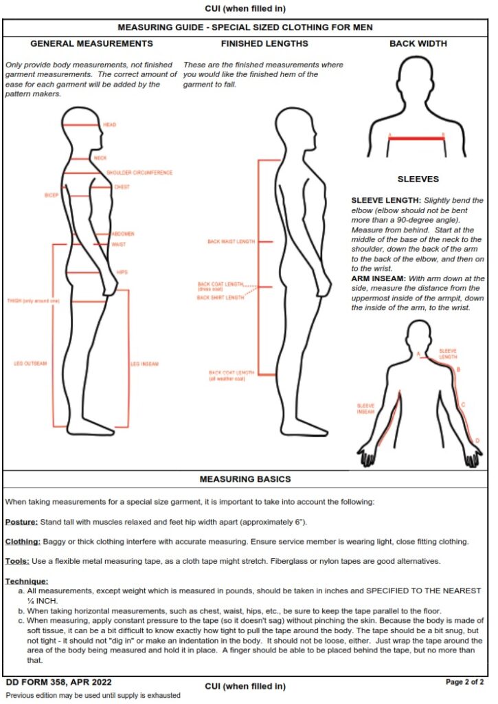 DD Form 358 – Measurement Blank – Special Sized Clothing for Men, Armed ...