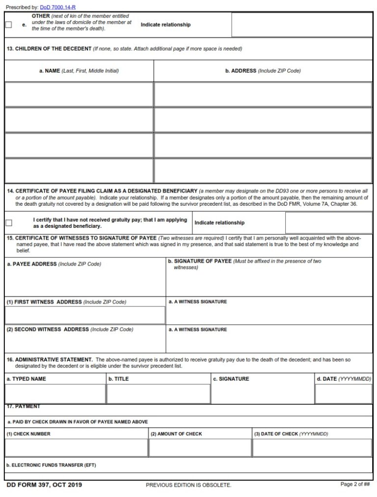 DD Form 397 – Claim Certification and Voucher for Death Gratuity ...