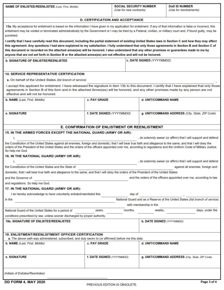 DD Form 4 – Enlistment/Reenlistment Document Armed Forces of the United ...