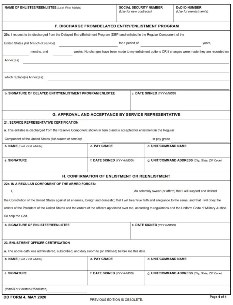 DD Form 4 – Enlistment/Reenlistment Document Armed Forces of the United ...
