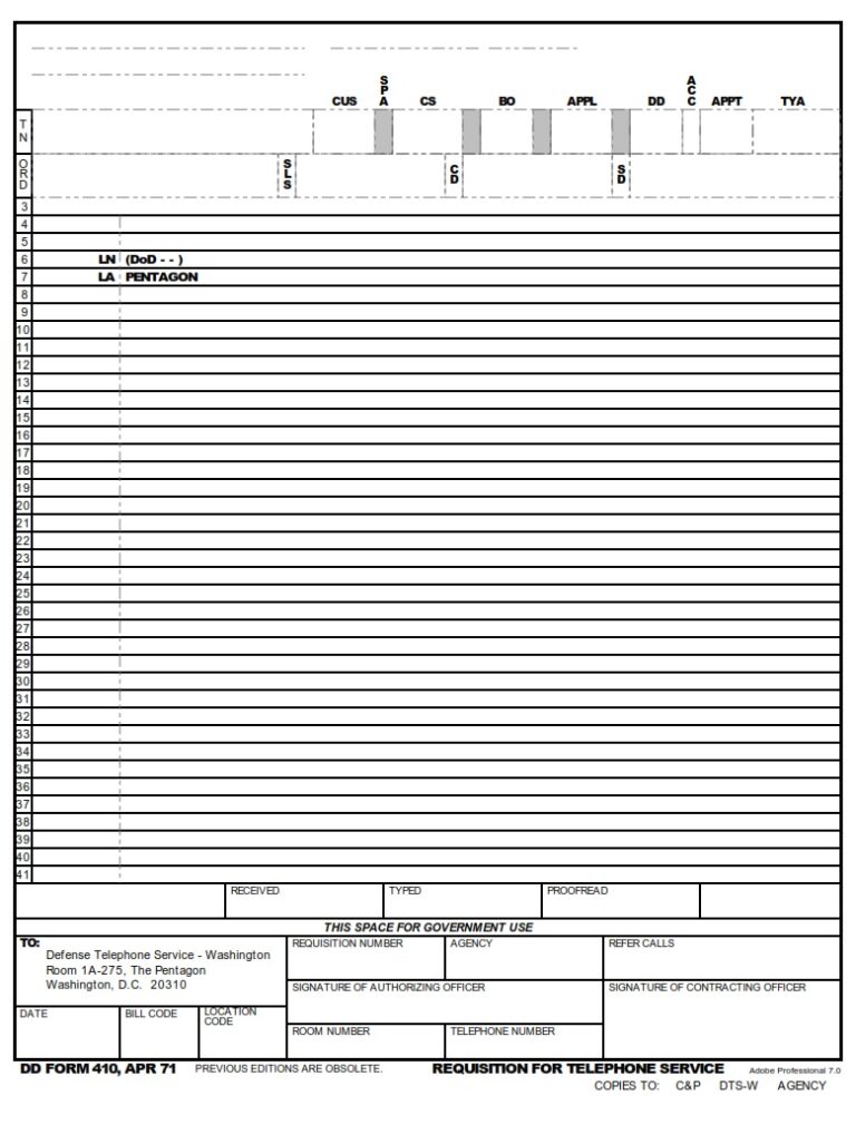 DD Form 410 – Requisition For Telephone Service - DD Forms