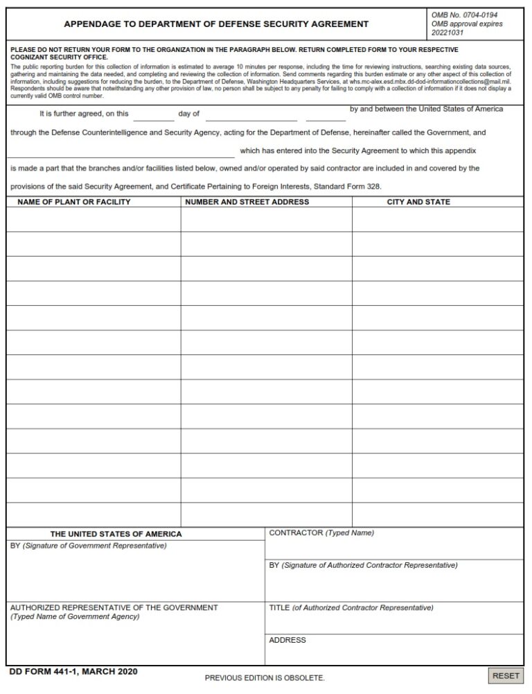 DD Form 441-1 – Appendage to Department of Defense Security Agreement - DD Forms