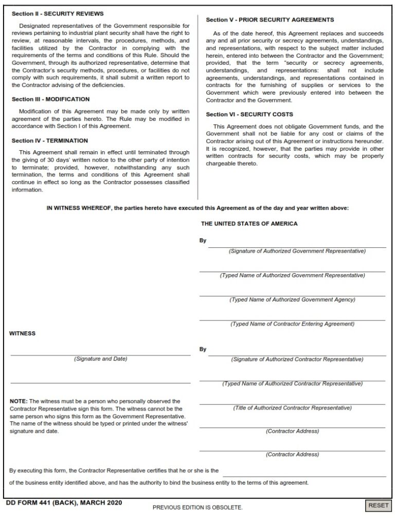 DD Form 441 – Department of Defense Security Agreement - DD Forms