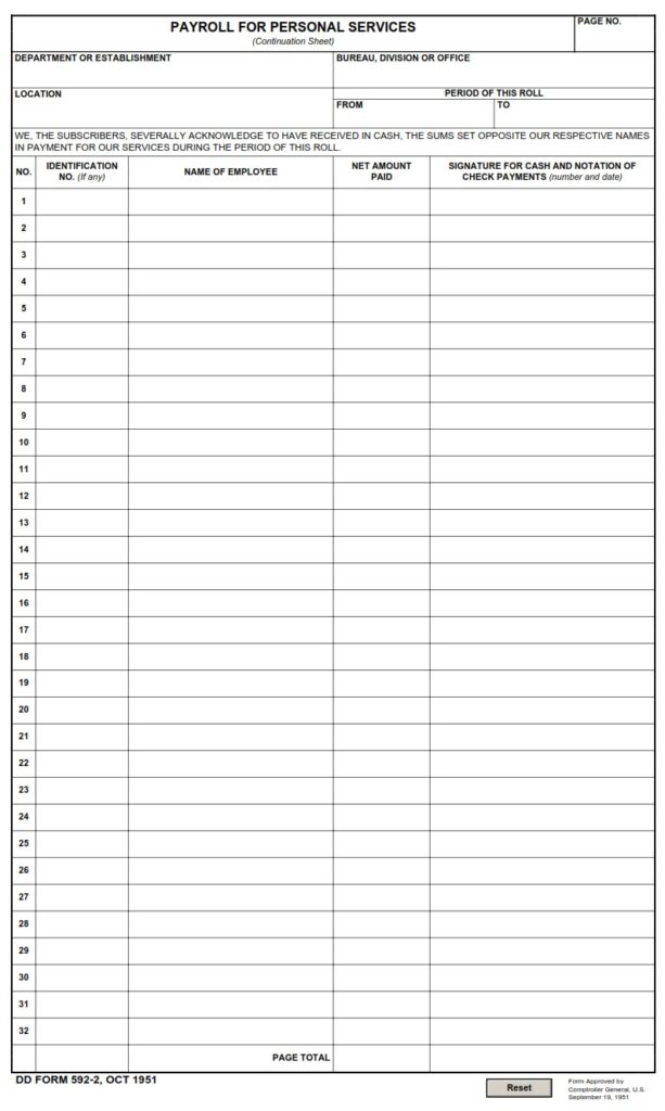 DD Form 592-2 – Payroll for Personal Services (Continuation Sheet) - DD ...