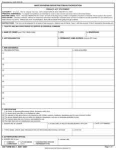 DD Form 603-1 – War Souvenir Registration/Authorization - DD Forms