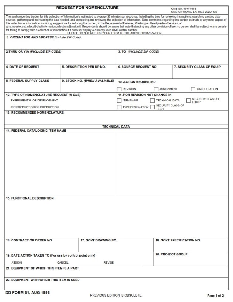 DD Form 61 – Request For Nomenclature - DD Forms