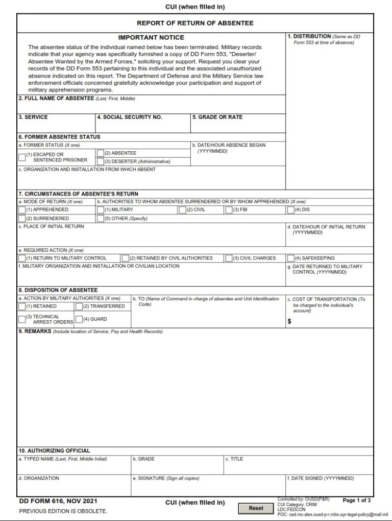 DD Form 616 – Report of Return of Absentee - DD Forms